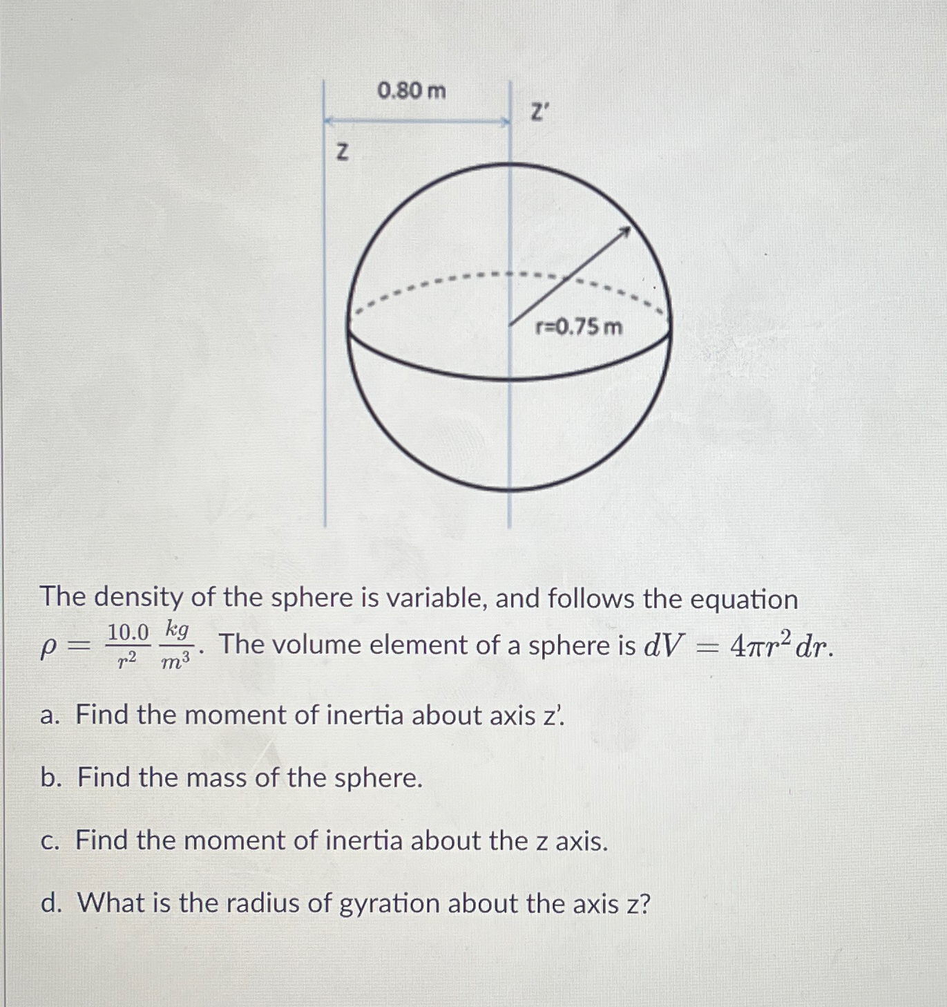 Solved The density of the sphere is variable, and follows | Chegg.com