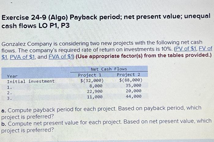 Solved Exercise 24-9 (Algo) Payback period; net present | Chegg.com