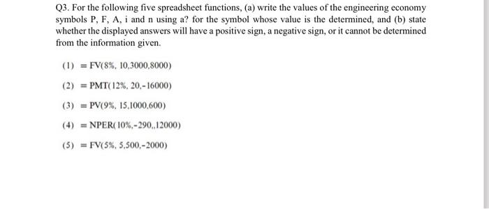 Solved Q3. For the following five spreadsheet functions, (a) | Chegg.com