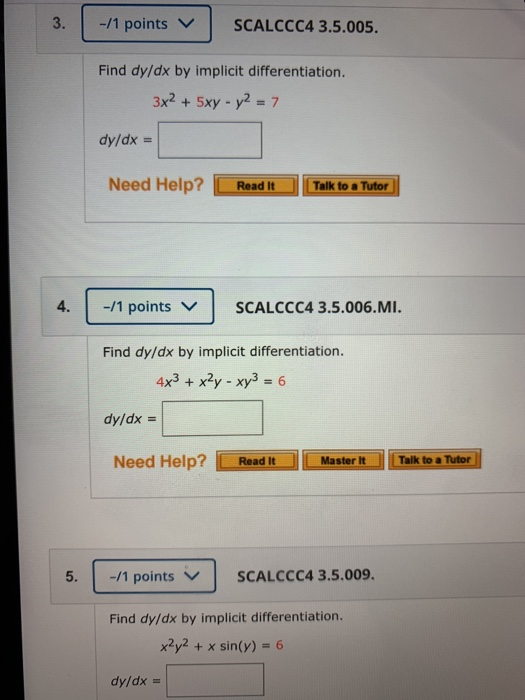 Solved -/1 points SCALCCC4 3.5.005. Find dy/dx by implicit | Chegg.com