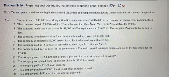 Problem 2-1A Preparing and posting journal entries; | Chegg.com