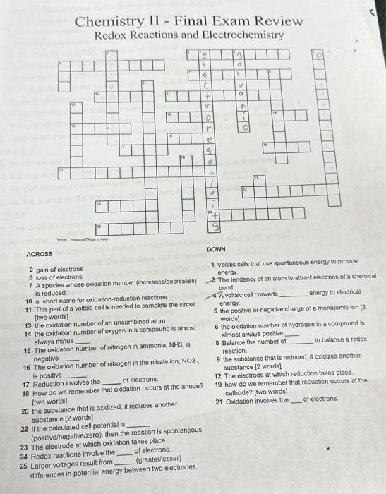 Chemistry II - Final Exam Review Redox Reactions and | Chegg.com