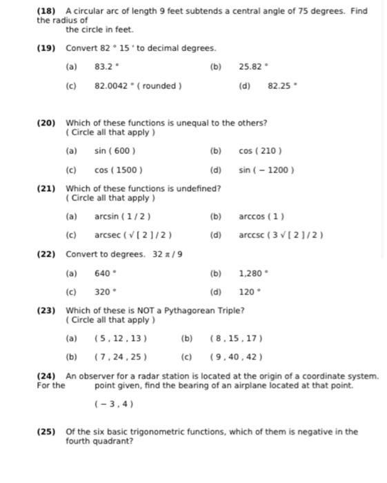 Solved (18) A circular arc of length 9 feet subtends a | Chegg.com