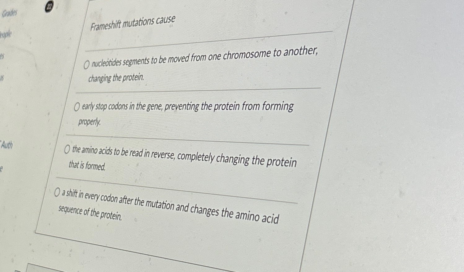 Solved Frameshift mutations causeO nudleotides segments to | Chegg.com