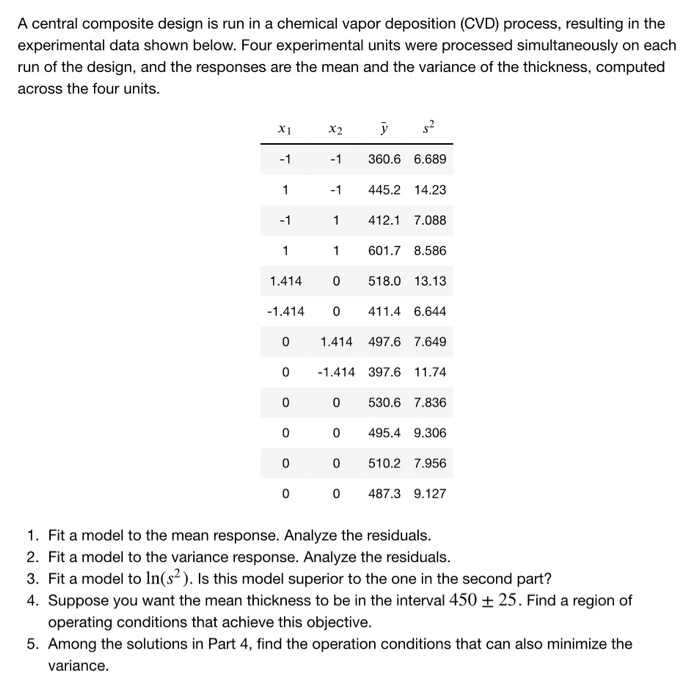 A central composite design is run in a chemical vapor | Chegg.com