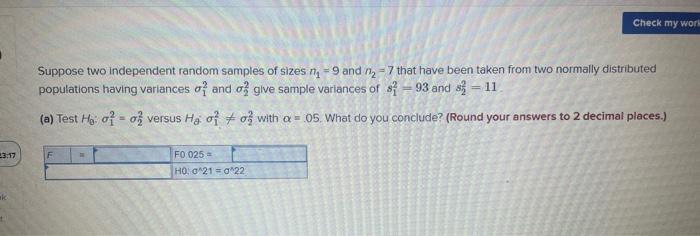 Solved Suppose two independent random samples of sizes n1=9 | Chegg.com