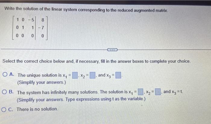 Solved Write the solution of the linear system corresponding | Chegg.com