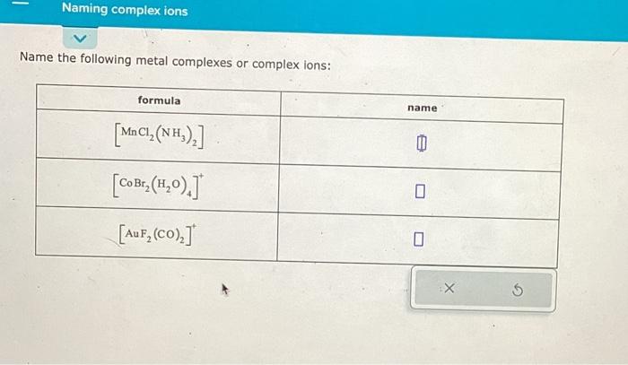 Solved Name the following metal complexes or complex ions: | Chegg.com