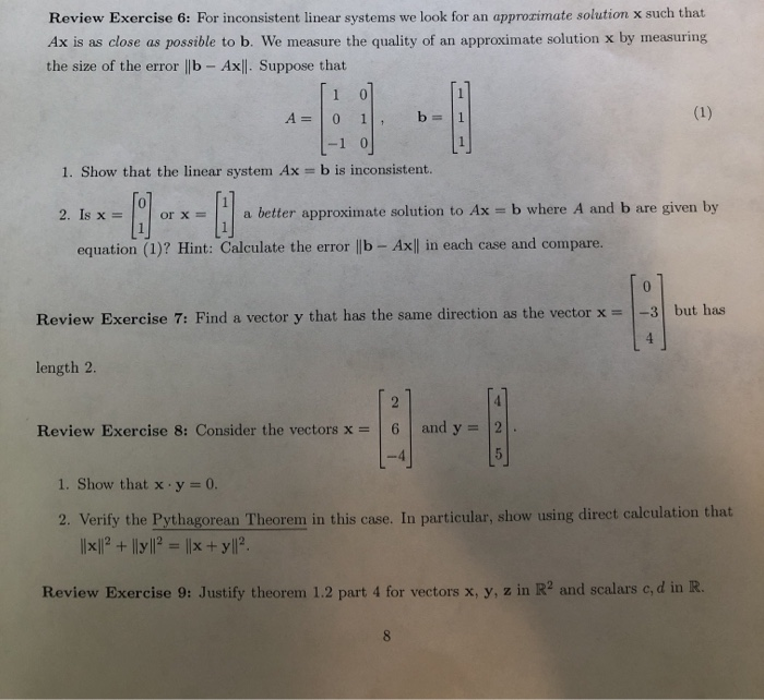 Solved Review Exercise 6: For inconsistent linear systems we | Chegg.com
