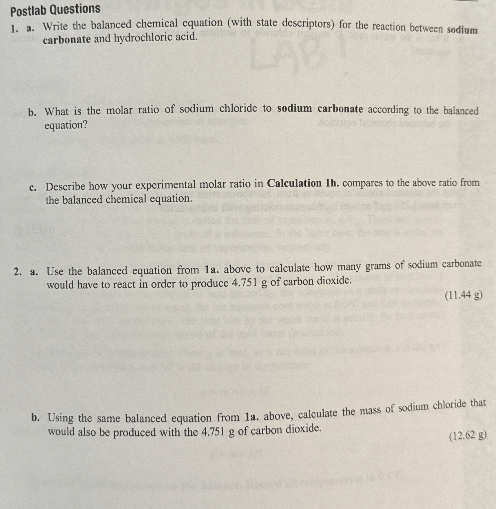 Solved Postlab Questionsa. ﻿Write the balanced chemical | Chegg.com