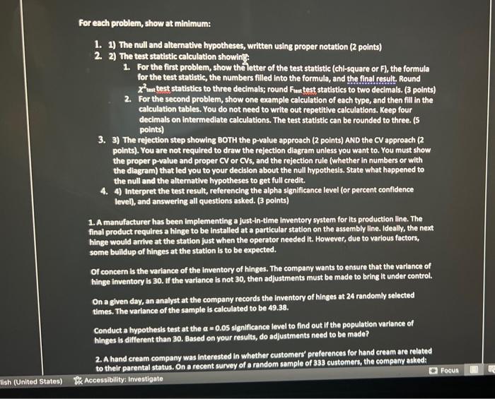 Solved For each problem, show at minimum: 1. 1) The null and | Chegg.com