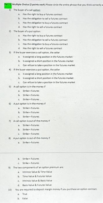 Solved Wirt N Multiple Choice ( 2 points each) Please circle | Chegg.com