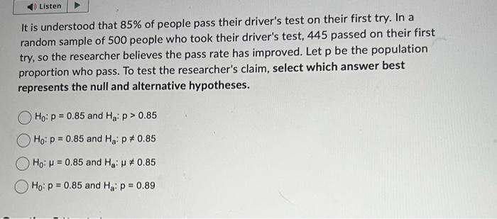 Solved It is understood that 85% of people pass their | Chegg.com
