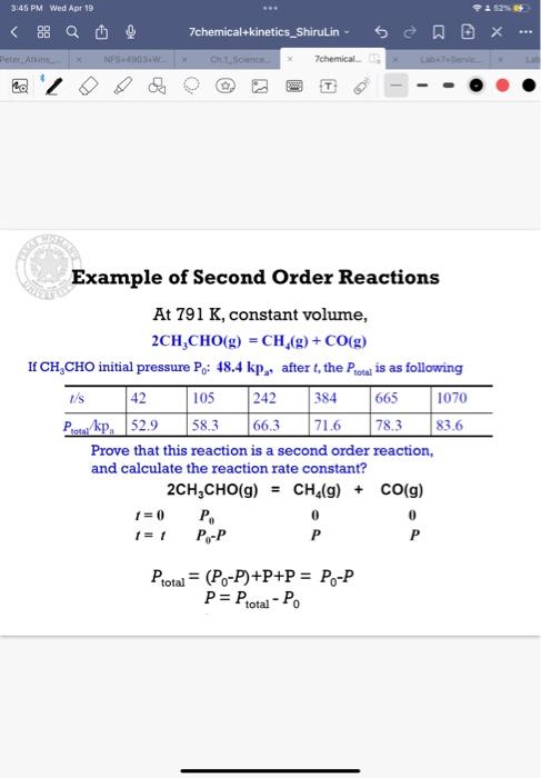 Example of Second Order Reactions At 791 K, constant | Chegg.com