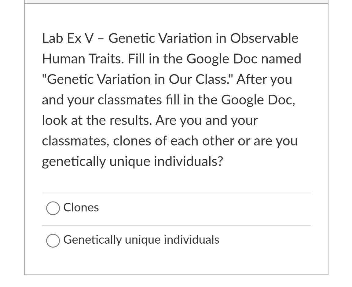 Solved Lab Ex V - Genetic Variation in Observable Human | Chegg.com