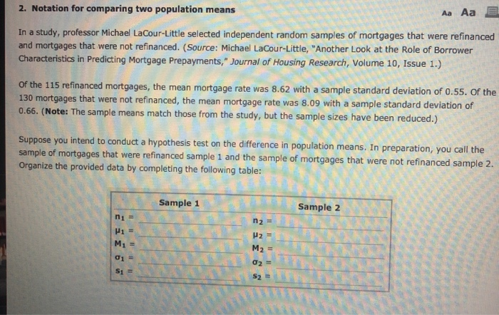 Solved 2. Notation for comparing two population means Aa Aa | Chegg.com