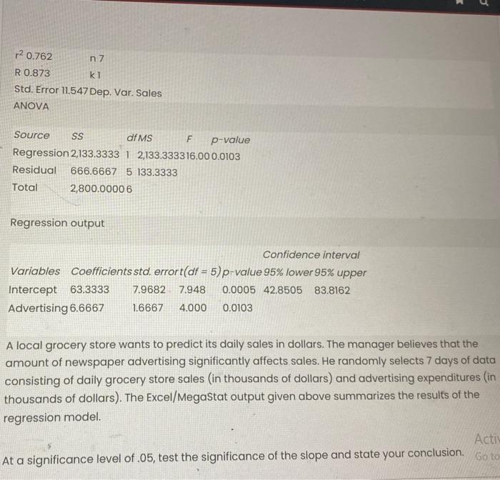 Solved r20.762R0.873n7kI Std. Error 11.547Dep. Var. Sales | Chegg.com