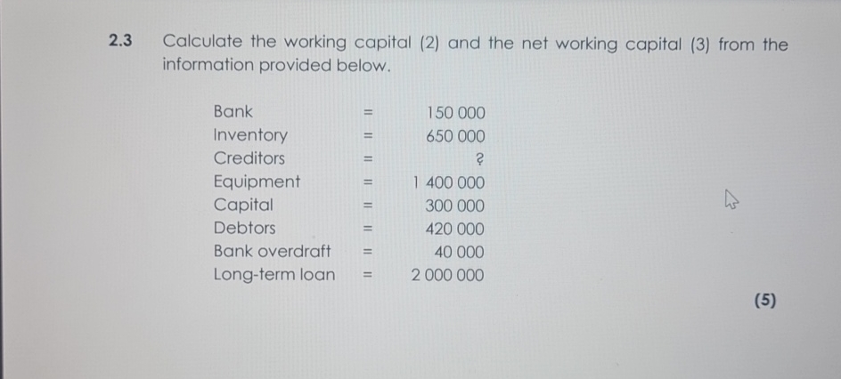 Solved 2.3 ﻿Calculate the working capital (2) ﻿and the net | Chegg.com