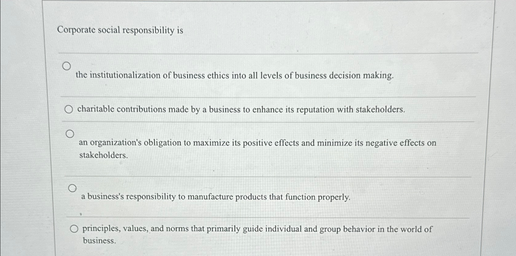 Solved Corporate social responsibility isthe | Chegg.com