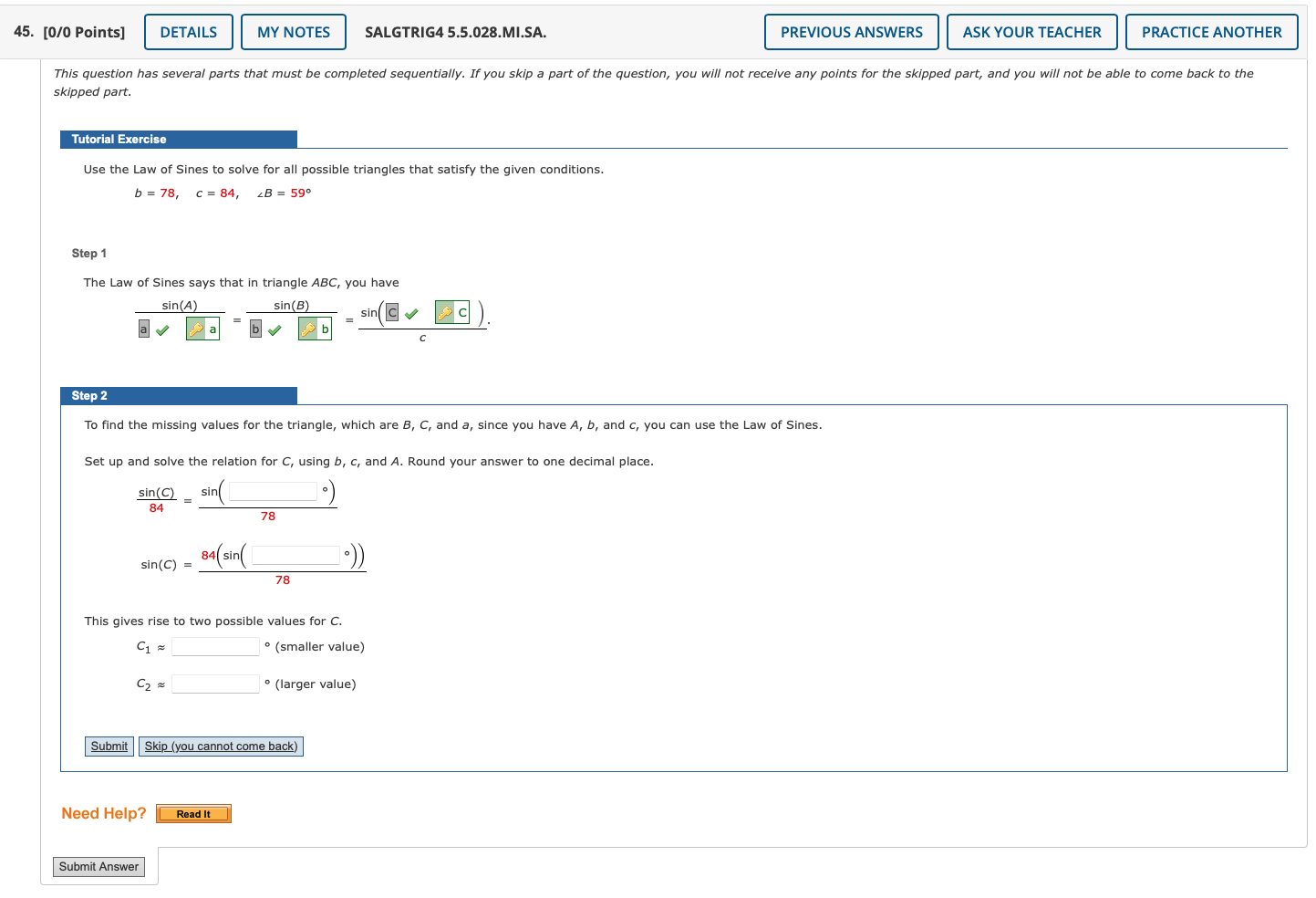 Solved skipped part.Tutorial ExerciseUse the Law of Sines to | Chegg.com