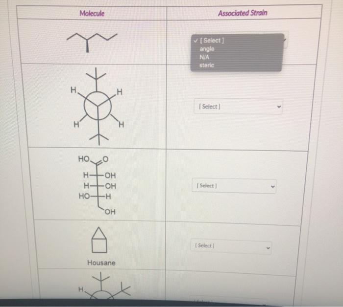 Solved Molecule Associated Strain v (Select] anglo NA steric | Chegg.com