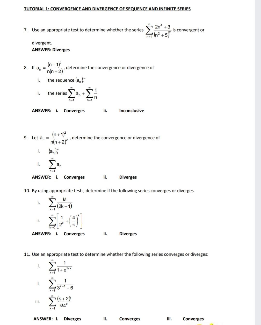 Solved TUTORIAL 1: CONVERGENCE AND DIVERGENCE OF SEQUENCE | Chegg.com