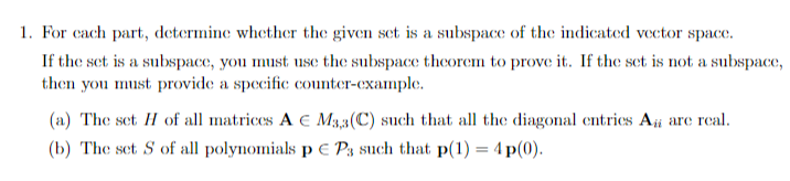 Solved For each part, determine whether the given set is a | Chegg.com