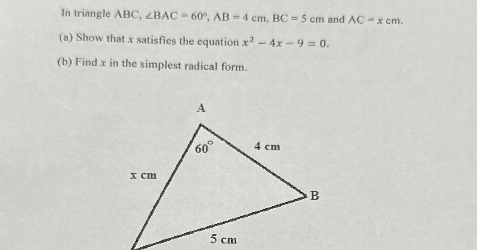 Solved In triangle ABC,?BAC=60°,AB=4cm,BC=5cm ﻿and | Chegg.com