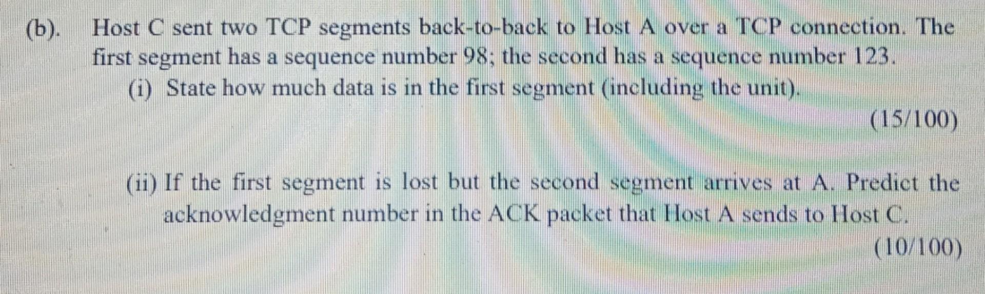 Solved (b). Host C sent two TCP segments back-to-back to | Chegg.com