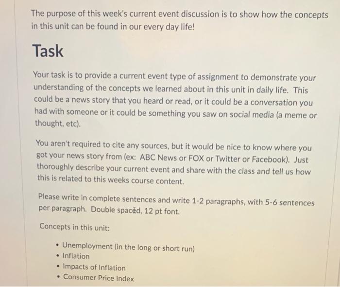 Solved The purpose of this week's current event discussion | Chegg.com