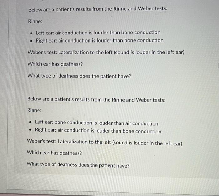 Solved Below are a patient's results from the Rinne and | Chegg.com