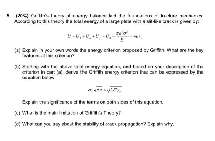 Solved 5. (20%) Griffith's theory of energy balance laid the | Chegg.com