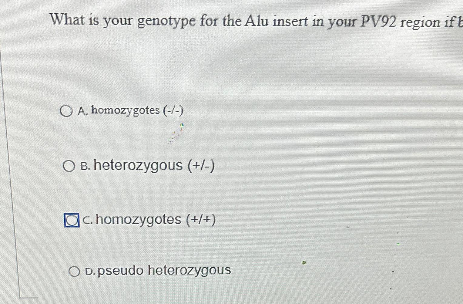 Solved What is your genotype for the Alu insert in your PV92 | Chegg.com