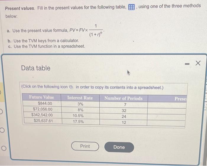 Solved Present values. Fill in the present values for the | Chegg.com
