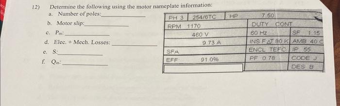Solved 12) Determine the following using the motor nameplate | Chegg.com