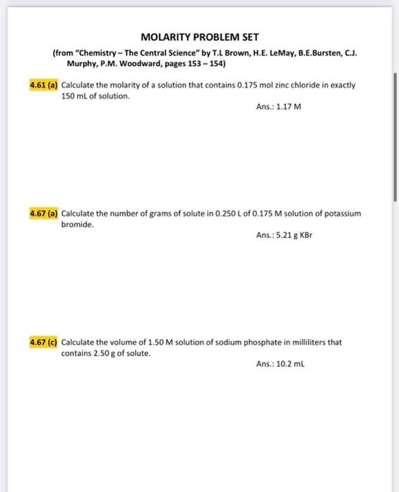 Solved MOLARITY PROBLEM SET (from "Chemistry - The Central | Chegg.com
