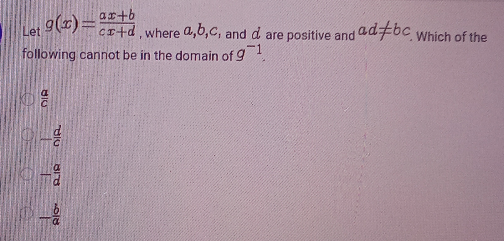 Solved Let g(x)=ax+bcx+d, ﻿where a,b,c, ﻿and d ﻿are positive | Chegg.com