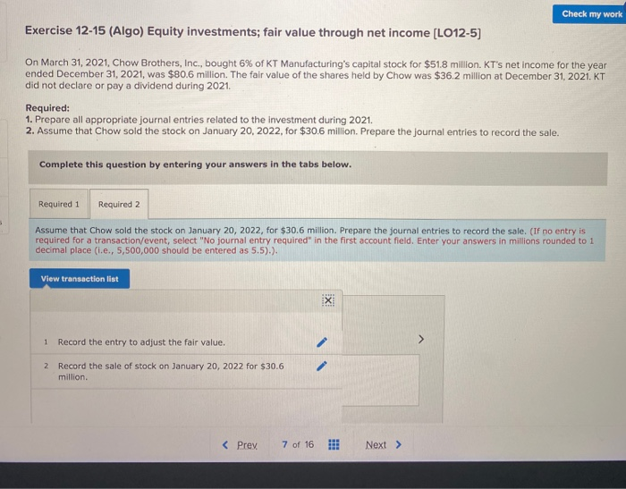 Solved Exercise 12-15 (Algo) Equity investments; fair value | Chegg.com