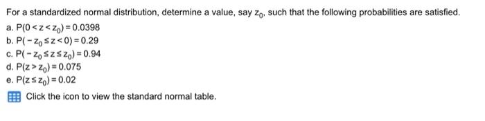 Solved For a standardized normal distribution, determine a | Chegg.com