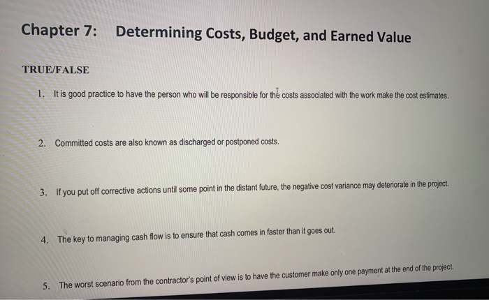 Solved Chapter 7: Determining Costs, Budget, and Earned | Chegg.com