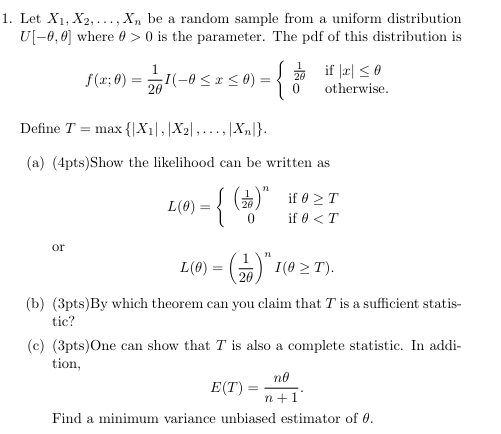 Solved Let x1,x2,dots,xn ﻿be a random sample from a uniform | Chegg.com