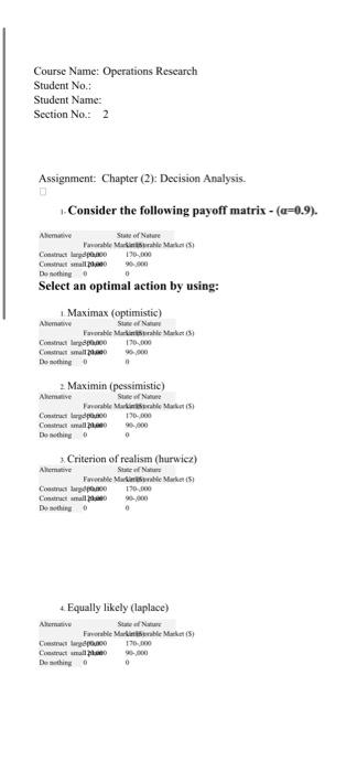 Course Name: Operations Research Student No,: Student | Chegg.com