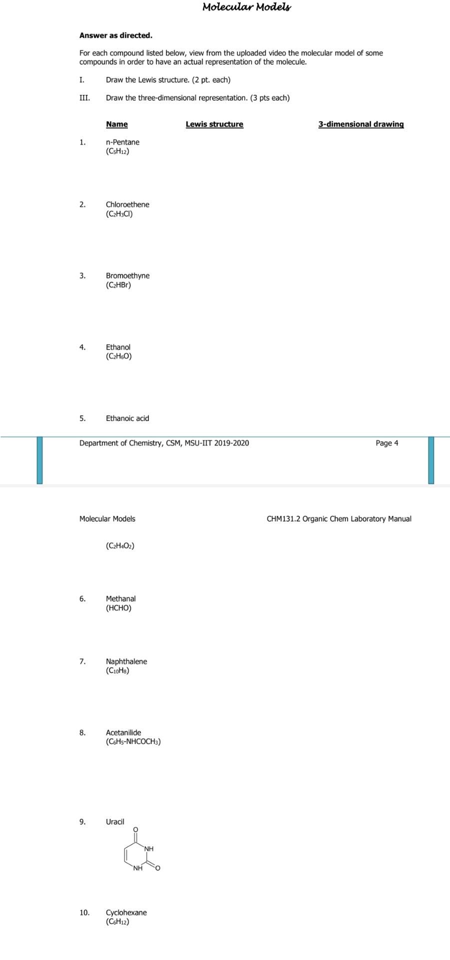 Solved Molecular Models Answer as directed. For each | Chegg.com