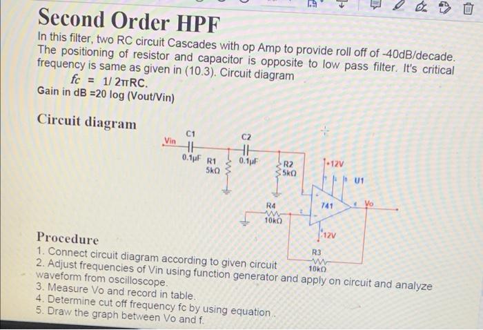 Solved 1.9 da → es Second Order HPF In this filter, two RC | Chegg.com