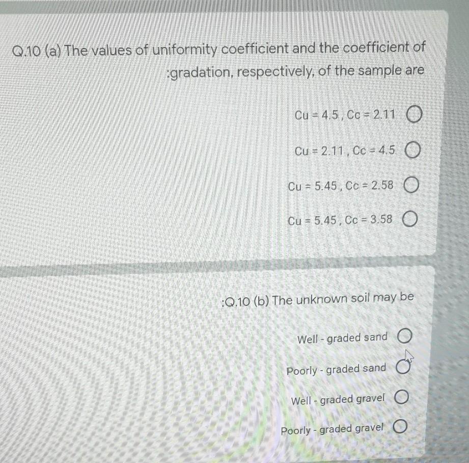 Solved Q.10 (a) The values of uniformity coefficient and the | Chegg.com