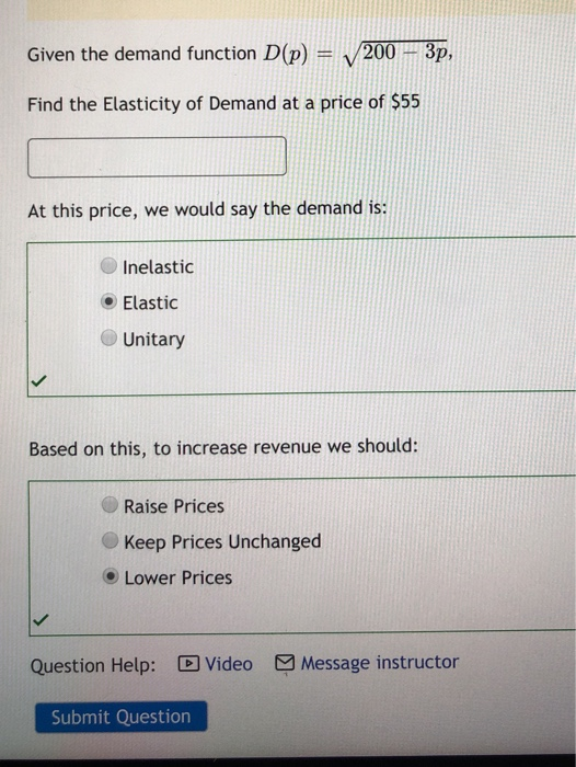 Solved Given the demand function D(P) = 200 – 3p, Find the | Chegg.com