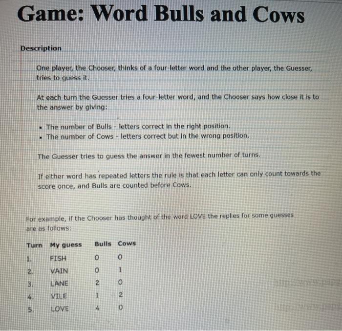 Solved Game: Word Bulls and Cows Description One player, the | Chegg.com