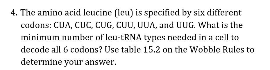 Solved 4. The amino acid leucine (leu) is specified by six | Chegg.com