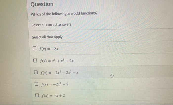 Solved Question Which of the following are odd functions? | Chegg.com