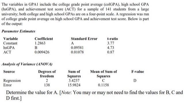 Solved The variables in GPAl include the college grade point | Chegg.com